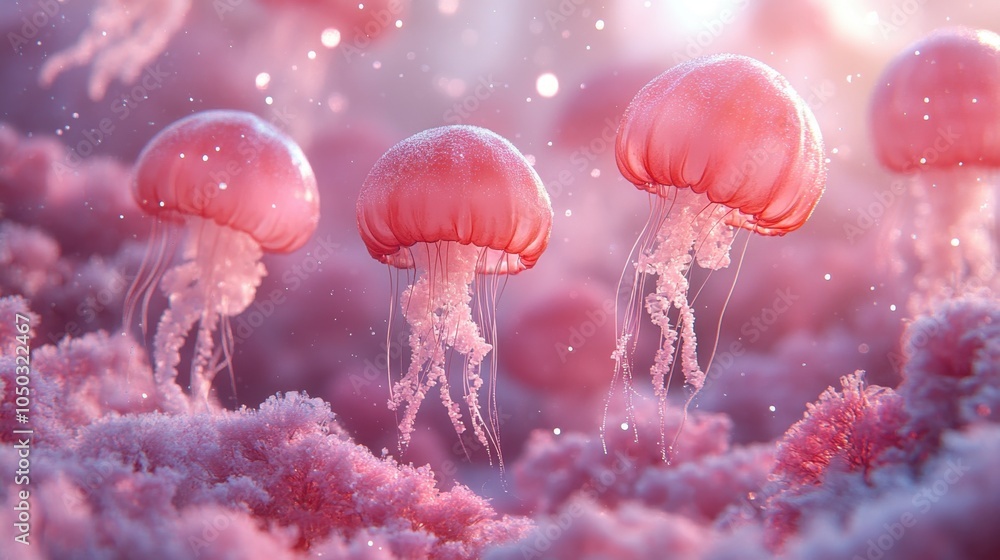 A mesmerizing underwater ballet of pink jellyfish gracefully dancing ...