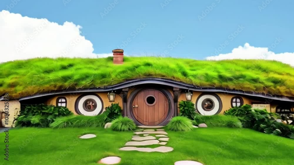 hobbit house with a round doorway, circular windows, and grass-covered ...