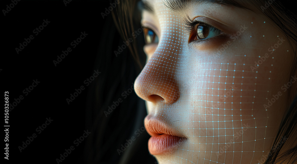A close-up of the face of an Asian woman, her skin rendered in ...
