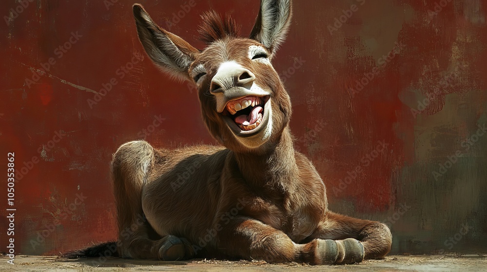 Laughing and braying gray donkey or mule with big teeth in perspective ...
