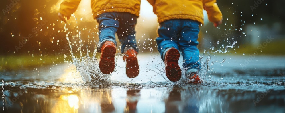 Children Jumping in Puddle Children stomping into a large puddle in ...