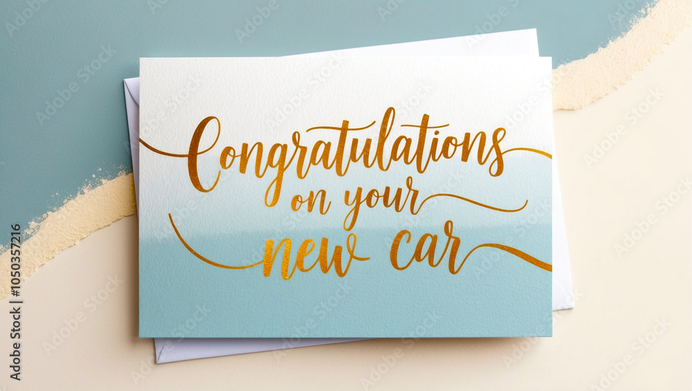 New car congratulations card featuring a soft, pale blue background ...