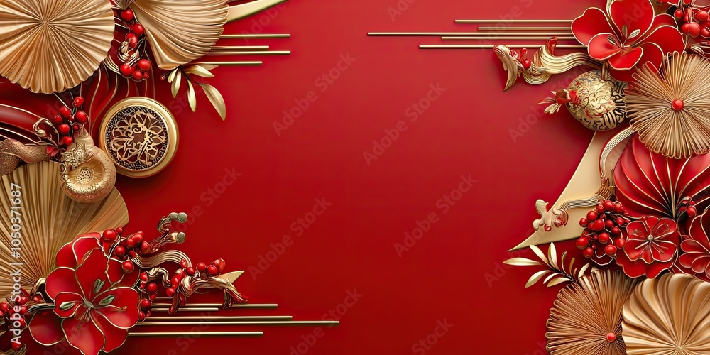 Elegant Lunar New Year design with intricate gold and red patterns ...
