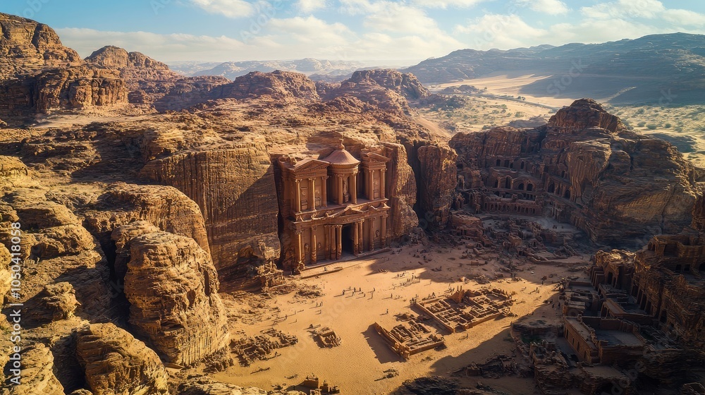 Aerial view of Petra ancient city, with temples and tombs carved into ...