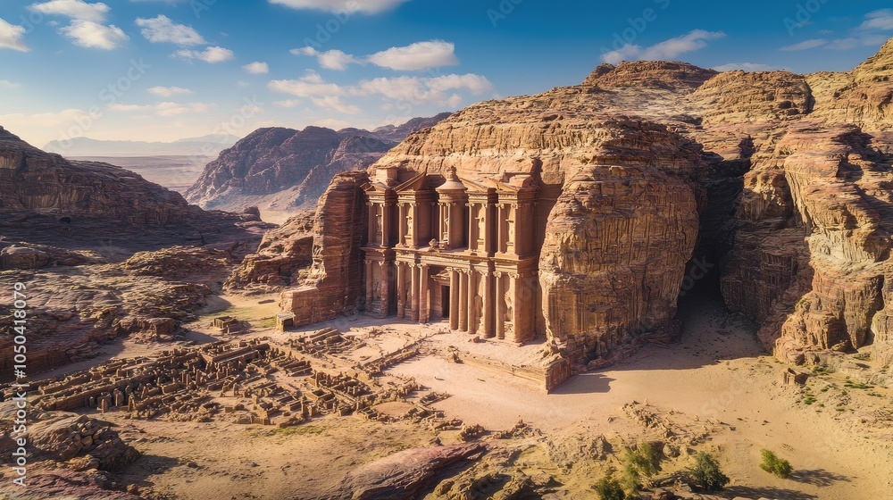 Aerial view of Petra ancient city, with temples and tombs carved into ...