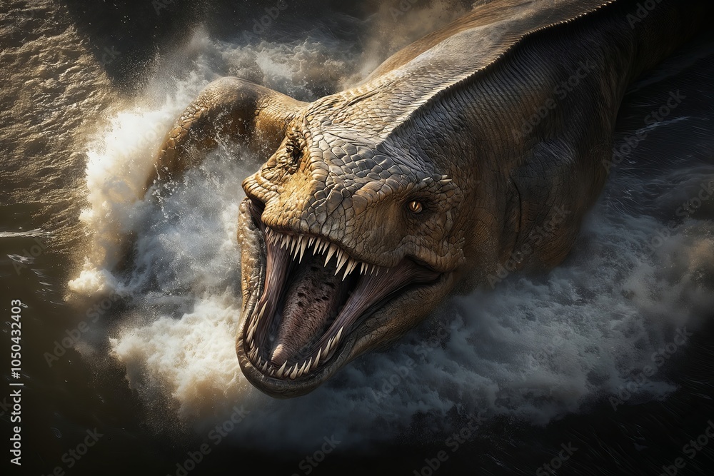 Giant Prehistoric Sea Monster Emerging with Open Mouth in Ocean Waves ...