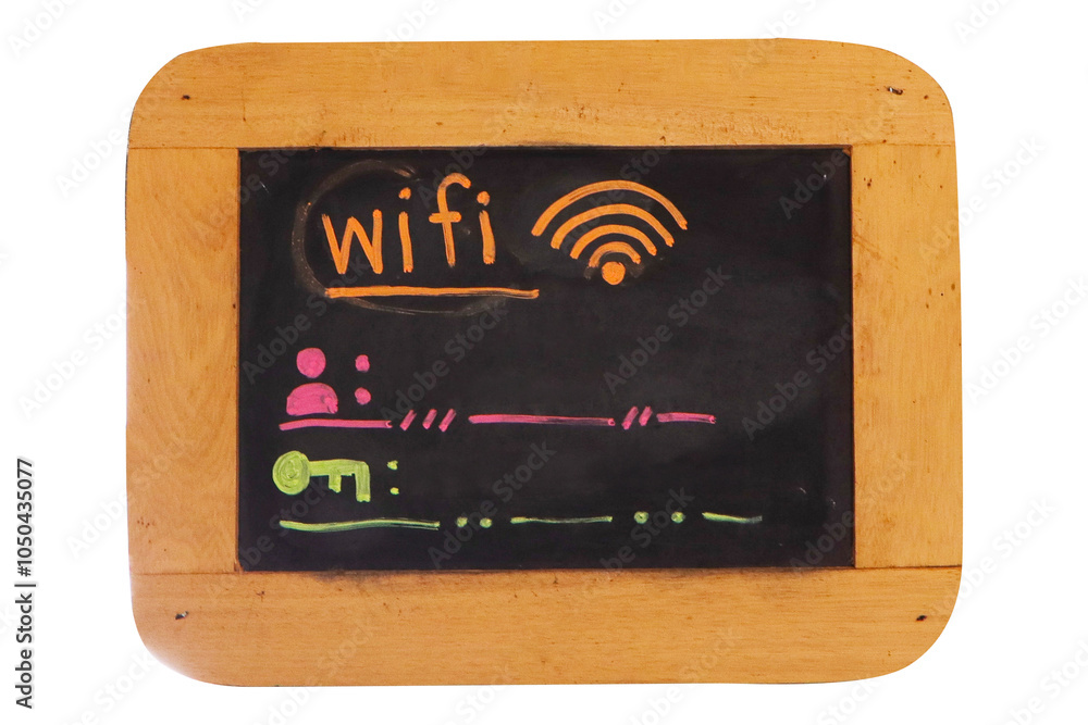 Wooden chalkboard sign with wifi icon, person and key written in orange ...