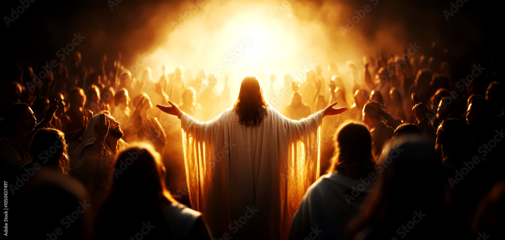 Jesus as the Messiah extending forgiveness to a group of people, his ...