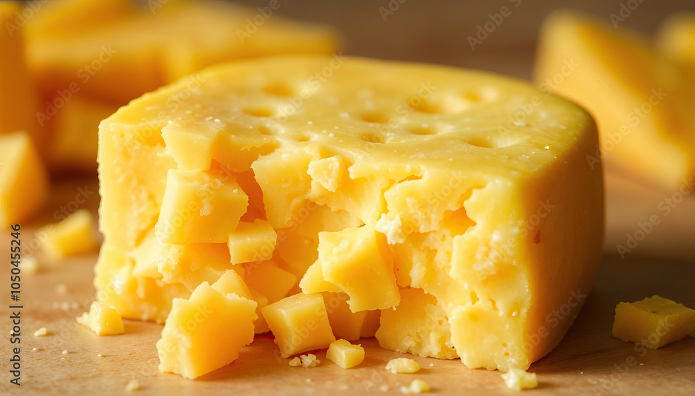 round block of cheddar cheese with wedge cut out exposing crumbly ...