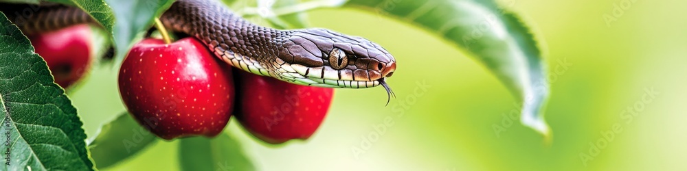 Snake with an apple fruit in its mouth. Forbidden fruit concept. Stock ...