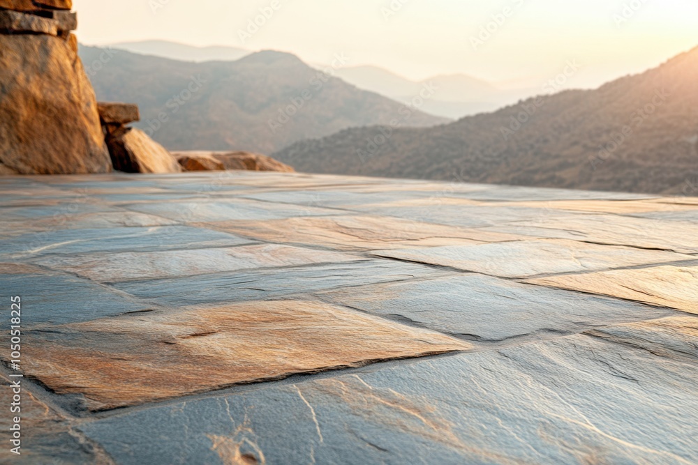 Ground level angle view, smooth sandstone tile with a cinematic ...