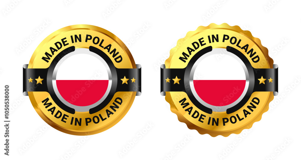Made in Poland label icon a gold circle with a picture of a flag in the ...