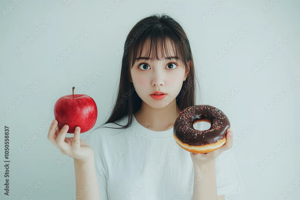 Diet, Dieting smile asian young woman, girl confused choose, choice ...