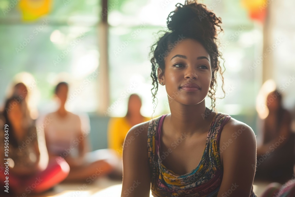 Poster Young woman contemplates during a group therapy session, finding ...