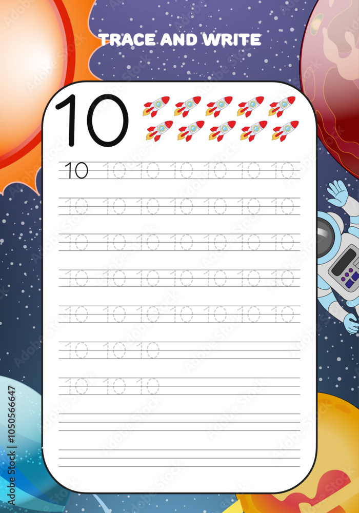 Trace and write practice math numbers for kids with galaxy cosmos and ...