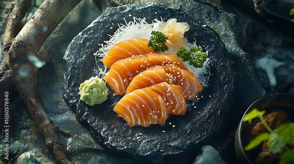Top-down view of salmon sashimi on a dark stone plate, accompanied by ...