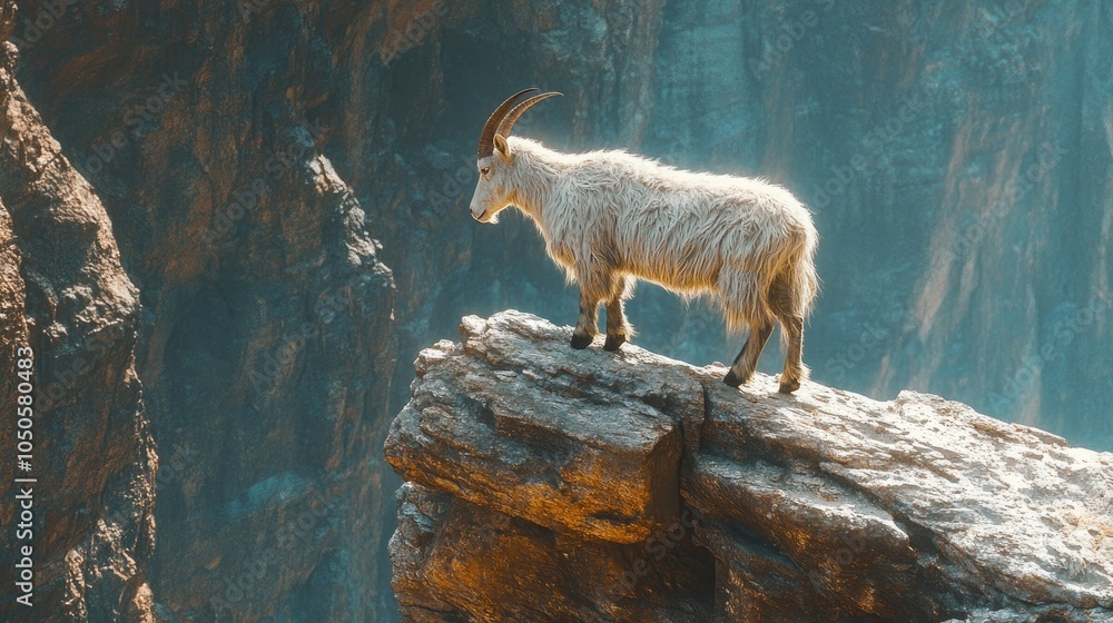 An agile mountain goat navigating a nearly vertical rocky cliff ...