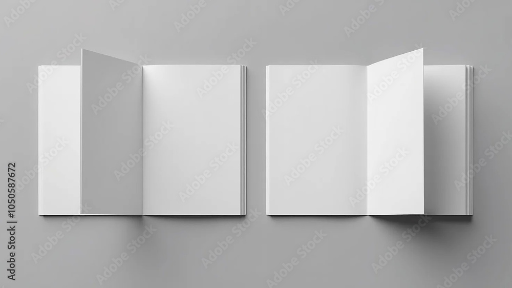 Open and closed blank brochures on grey background, top view. Mock up ...