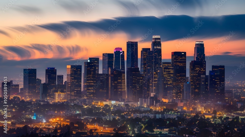 Stunning Los Angeles Skyline At Dusk A Majestic View Of Skyscrapers