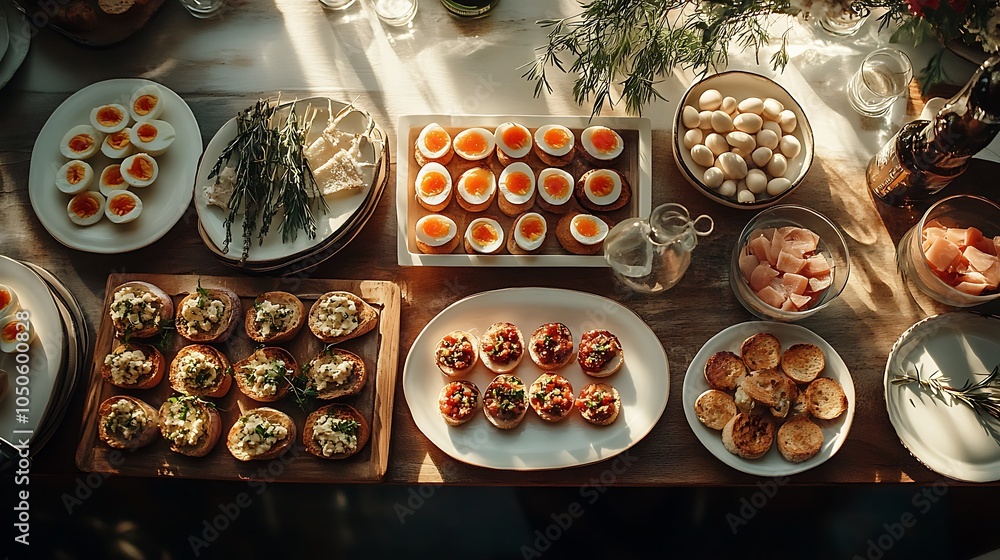 A finger food table with an elegant layout, showcasing small plates of ...