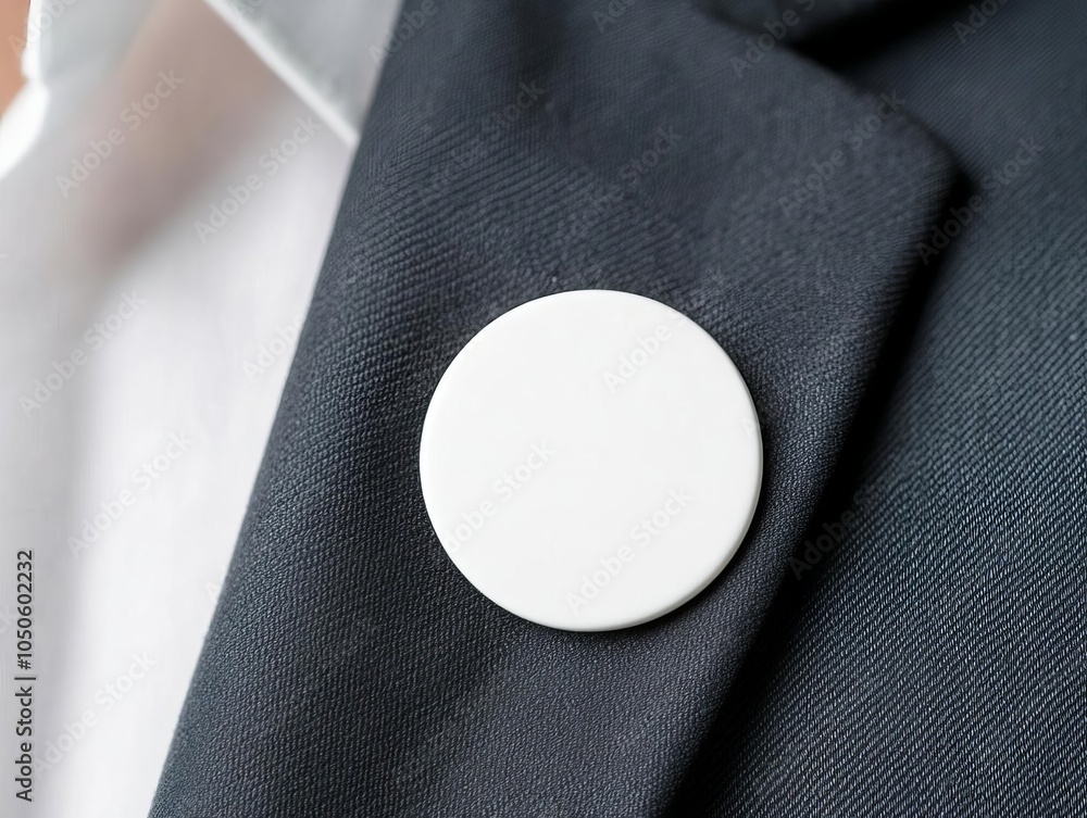 Blank matte pin button on the lapel of a dark suit, perfect for logo or ...