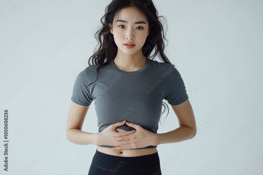 Excess weight gain, overweight asian young woman touching stomach ...