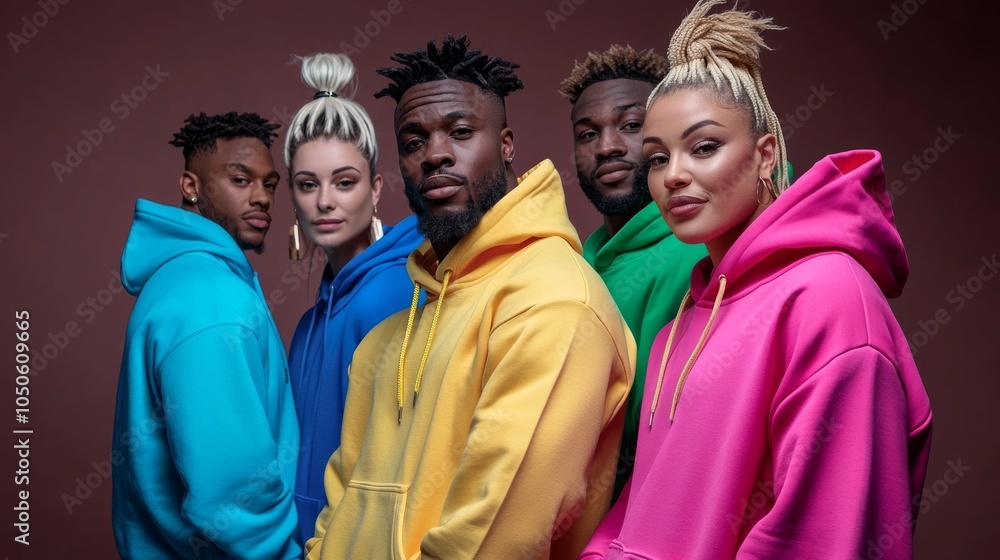 Vibrant Hoodie Crew: Diverse group of stylish models in colorful ...