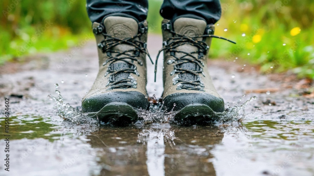 Hiking boots splash through a muddy puddle on a forest trail, AI Stock ...