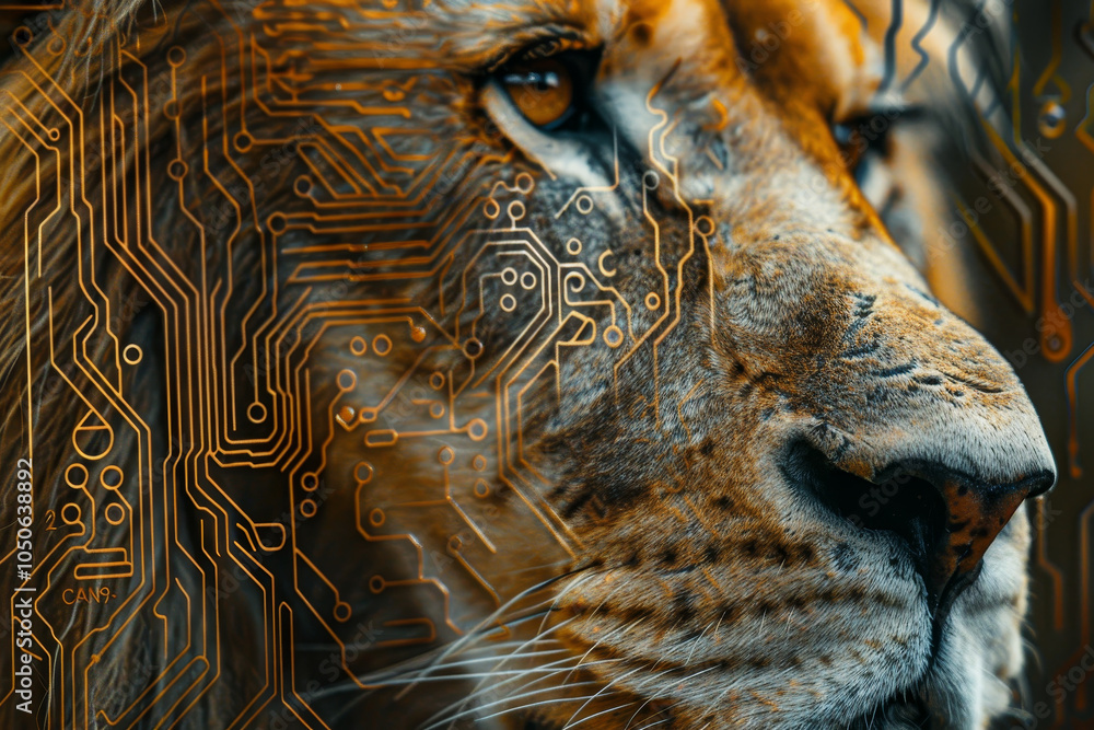 The majestic face of a lion is combined with detailed circuit patterns ...