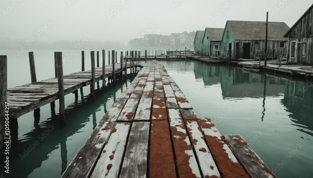 Decaying waterfront with rust-streaked docks, weathered wooden planks ...