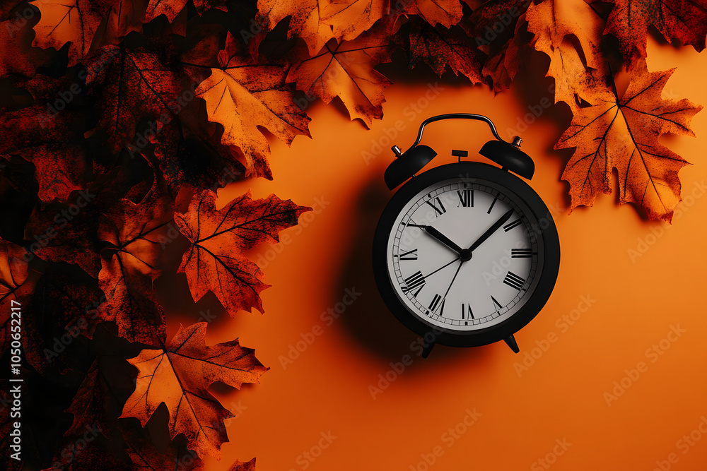 Daylight saving time ends. Black clock on orange background with autumn ...
