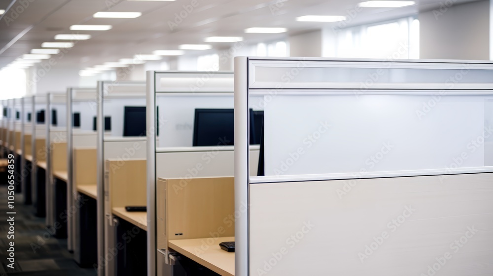 Modern office workspace with cubicles and computers, clean and ...