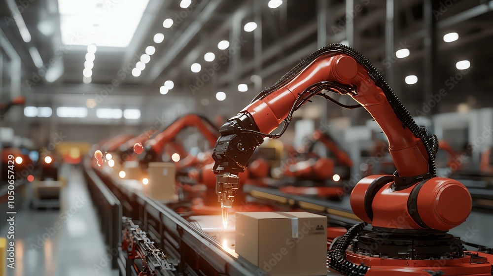 Automated packaging robots sorting and boxing products in a warehouse ...