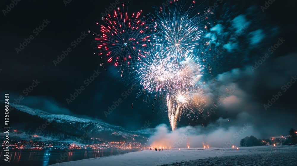 Fireworks lighting up the night sky over a snowy winter landscape ...