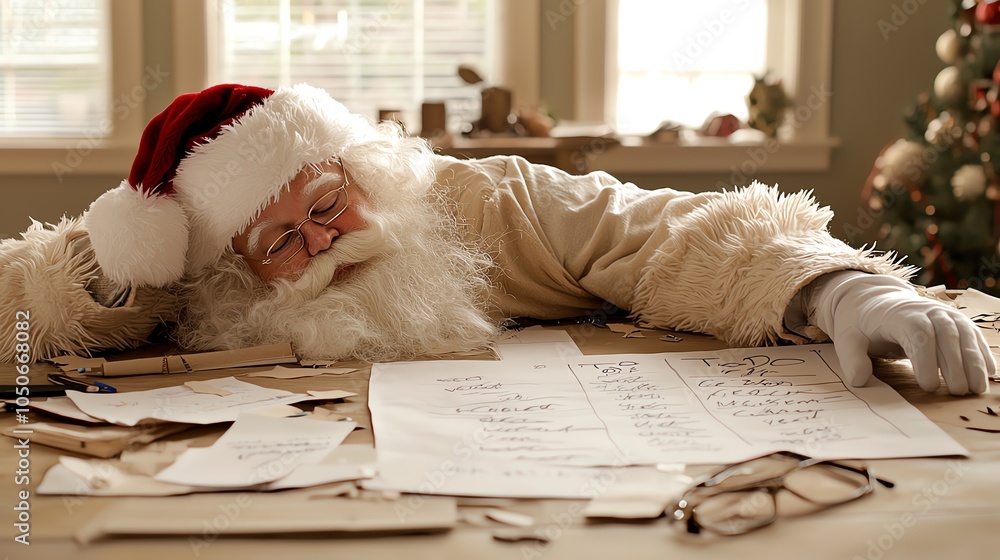 Santa snoozing at his desk with a giant TO DO list of childrens names ...
