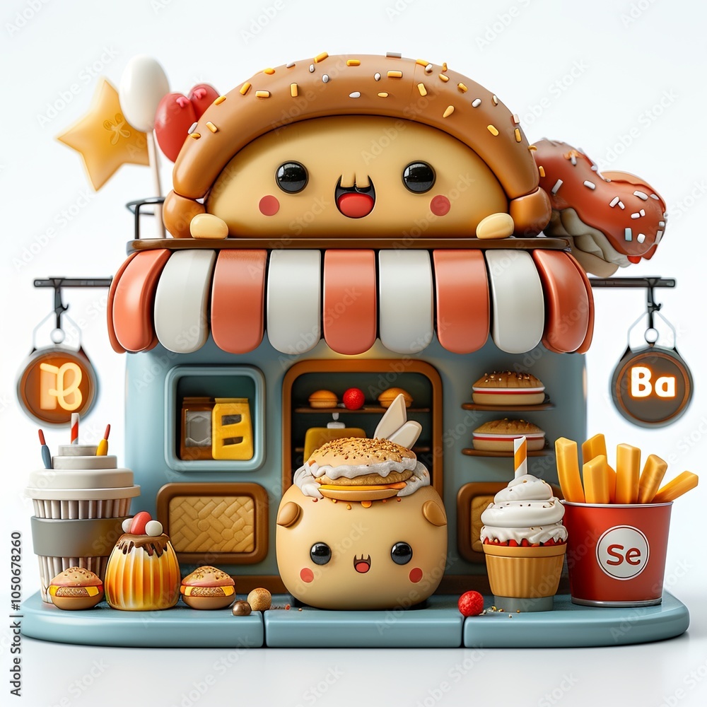 Cartoon kawaii diner. Cheerful anime building with smiling pastries and ...
