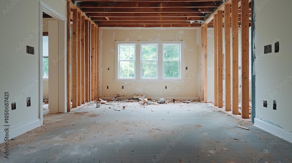 Dusty, neglected room with partially torn down walls, exposed beams ...