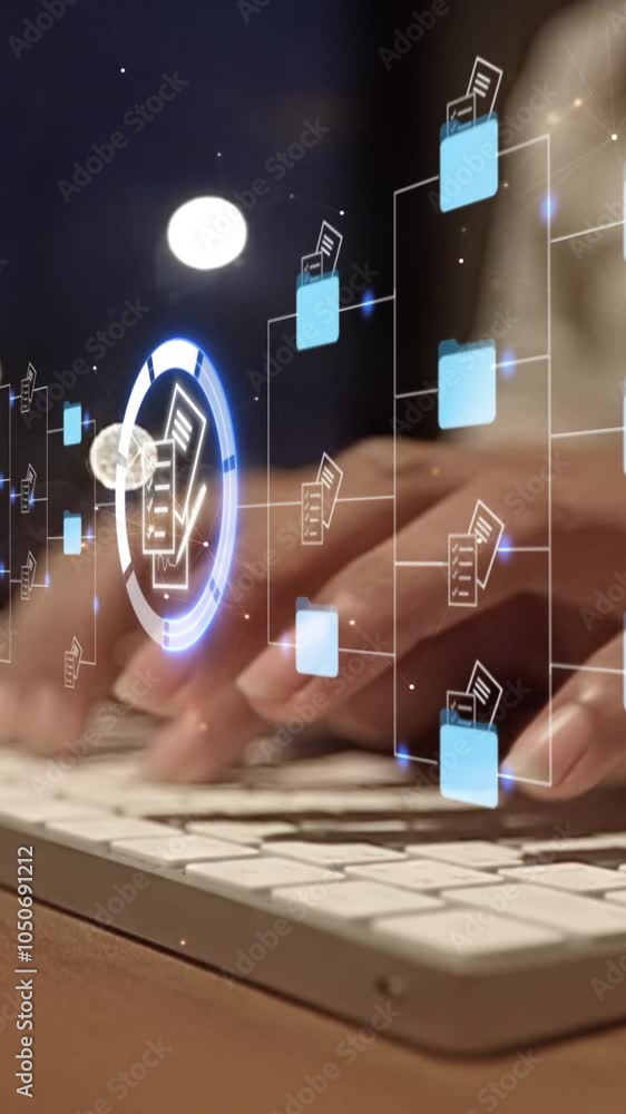Woman using laptop futuristic holographic interface file folder ...