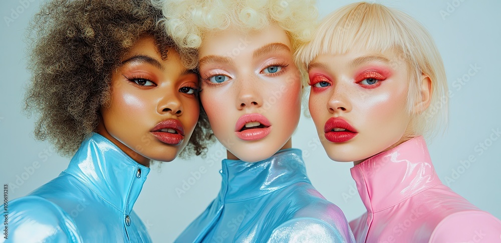 Three models with different skin tones, all wearing pastel blue and ...