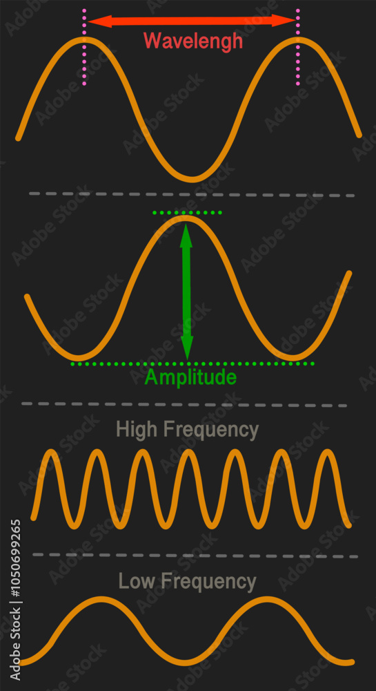 Amplitude, wavelength, wave diagram anatomy. High, low frequency ...