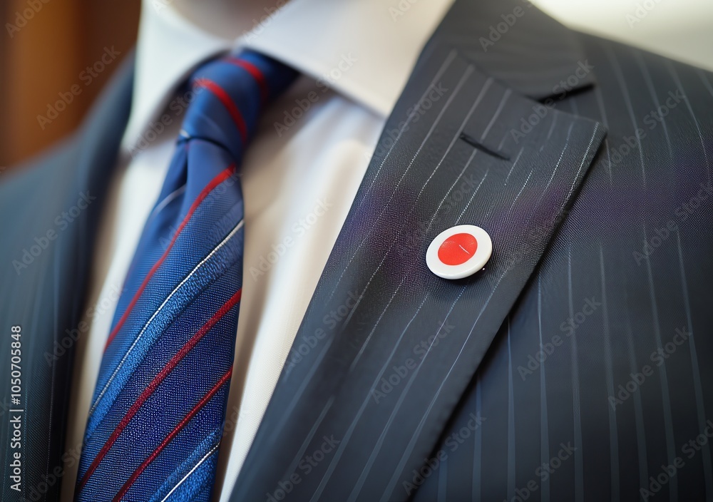 A jacket with the flag of Japan in close-up on the lapel of a men's ...
