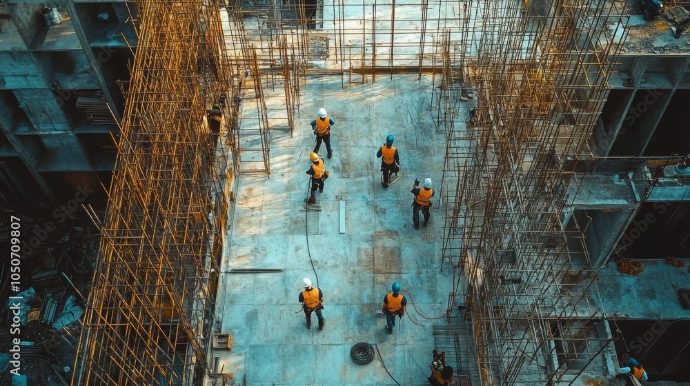 Construction workers collaborating on a large urban building site surrounded by scaffolding and ...