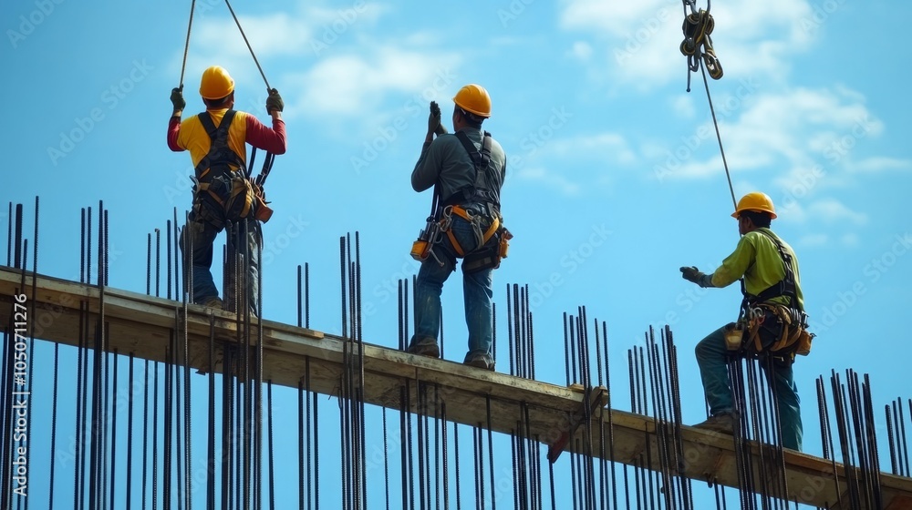 Construction workers performing safety protocols on a high-rise ...