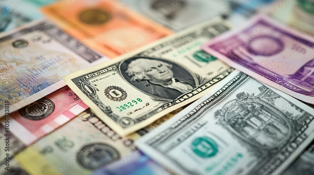 A single US dollar bill lies on top of a colorful collection of various ...