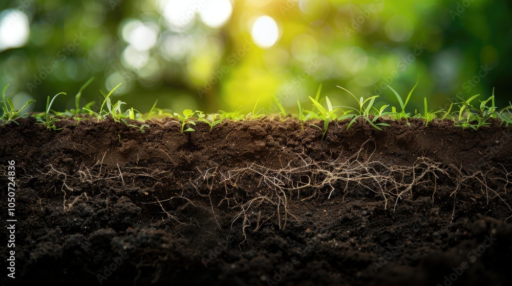 Green grass turf cross-section showing roots and soil layers, vibrant ...