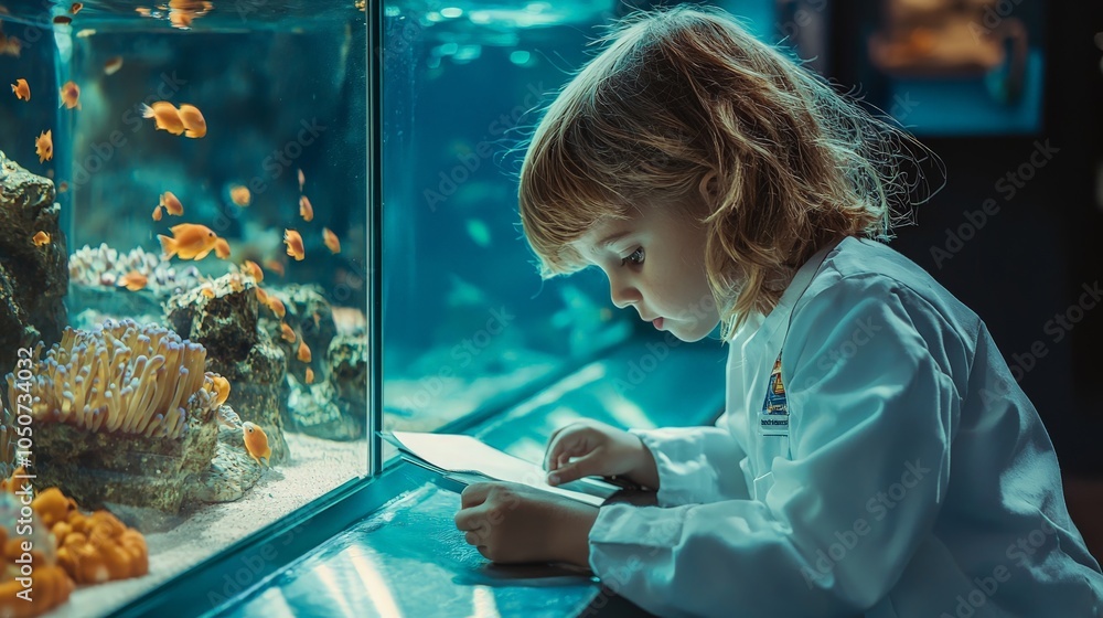 A young child dressed as a marine biologist, studying marine life in an ...