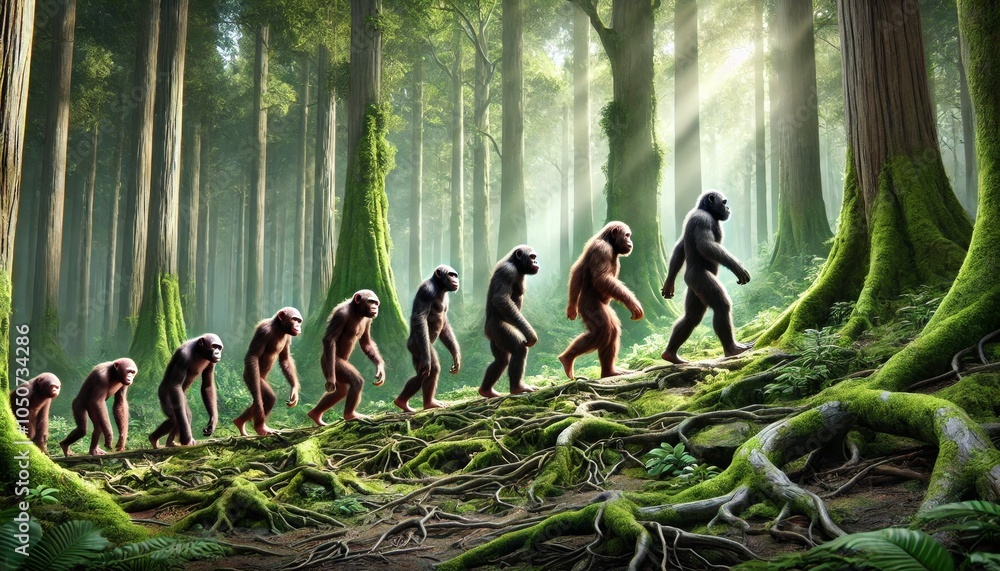 Evolutionary progression of early primates walking through a lush ...
