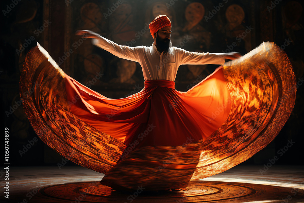 Whirling dervish in red attire spinning gracefully in traditional ...