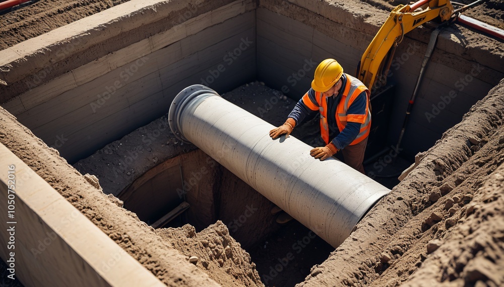 A construction worker installing a concrete pipe in a trench ...