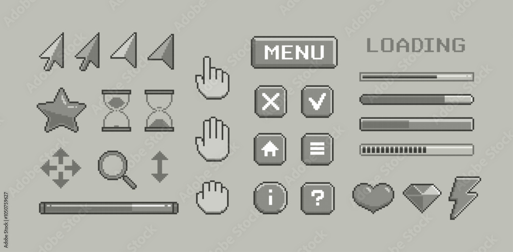 Pixel buttons and icons video game menu elements. Perfect Pixel PC interface cursors for game ...